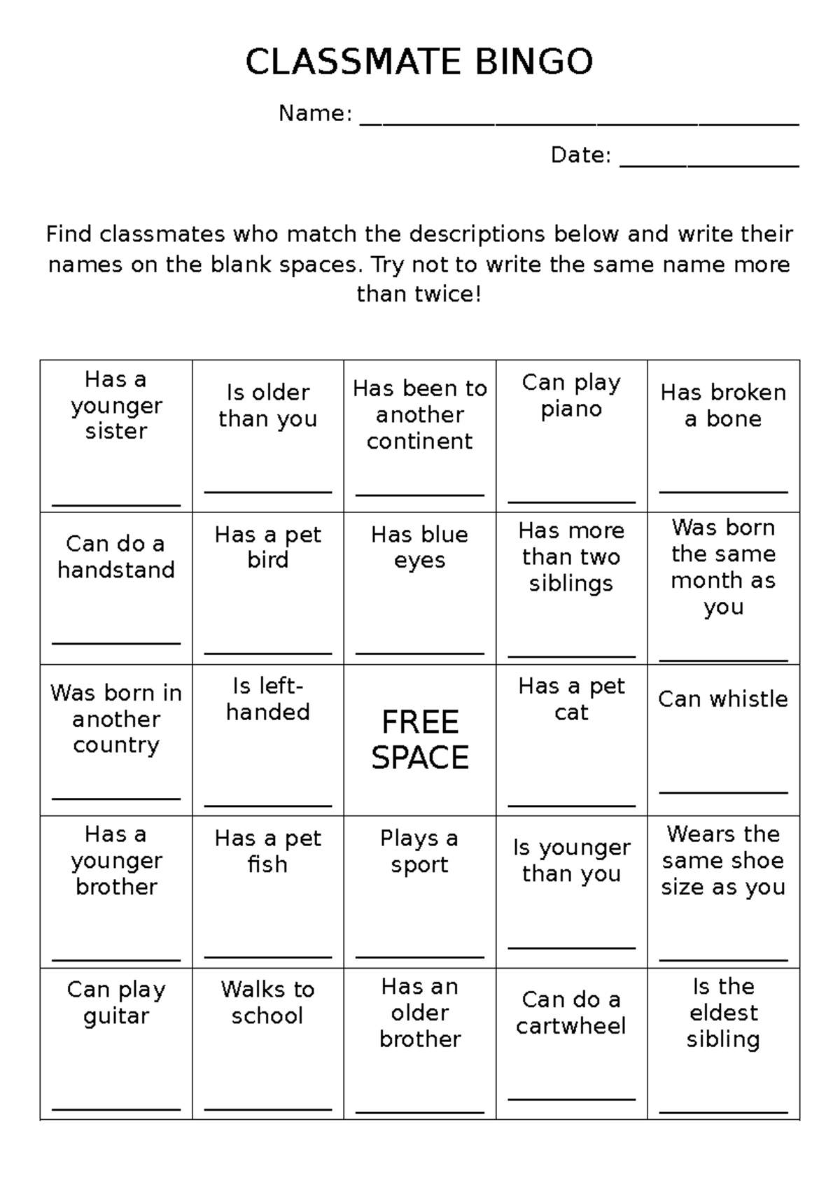 CLASSMATE BINGO Activity: Icebreaker Game for Students - Studocu