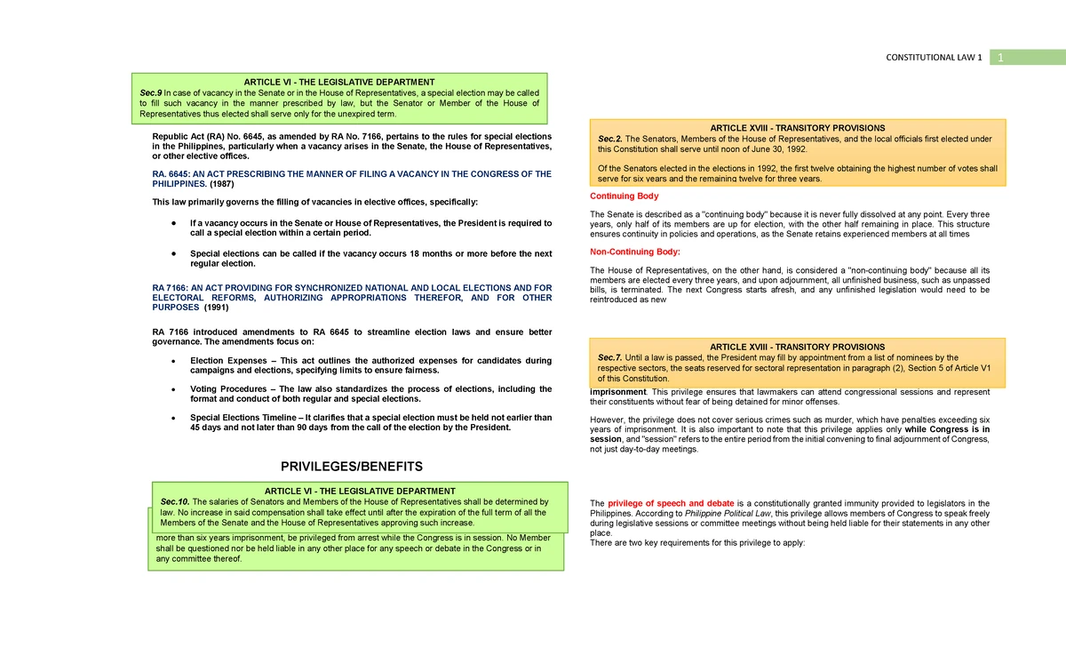 1987 Philippine Constitution Notes - THE 1987 CONSTITUTION A. Nature ...
