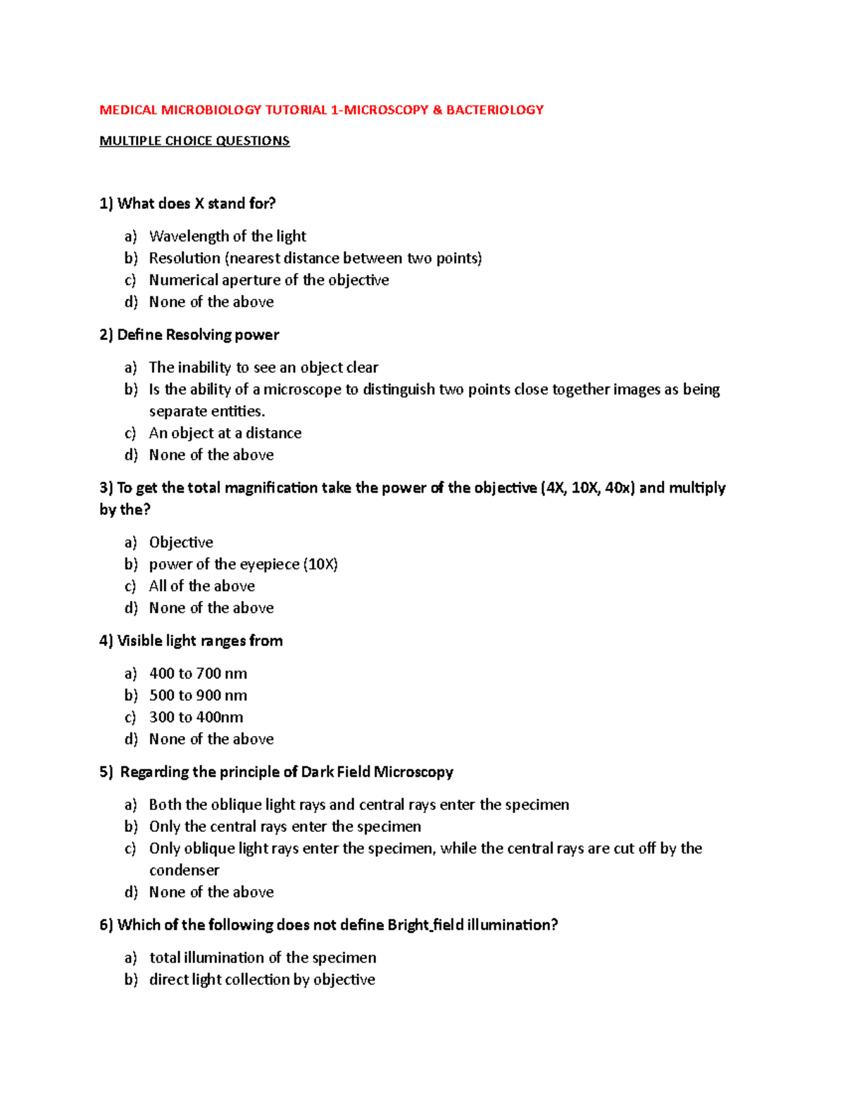 Med Micro tut 1 - MEDICAL MICROBIOLOGY TUTORIAL 1-MICROSCOPY ...