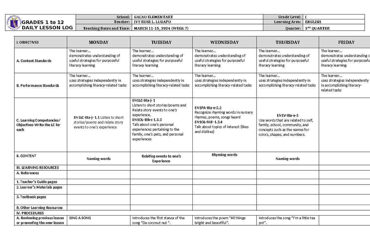 DLL English 1 Q3 W7 - Daily Lesson Plans for Grade I - Studocu
