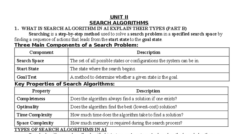 23UCSE10 AI UNIT II - Search Algorithms Overview and Examples - Studocu
