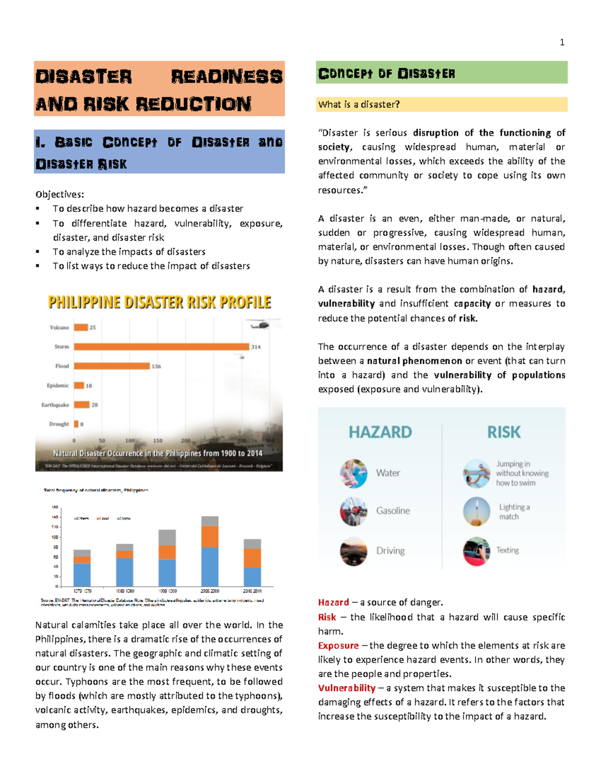 Handout Concepts of Disaster Disaster Risk Hazard Exposure and ...