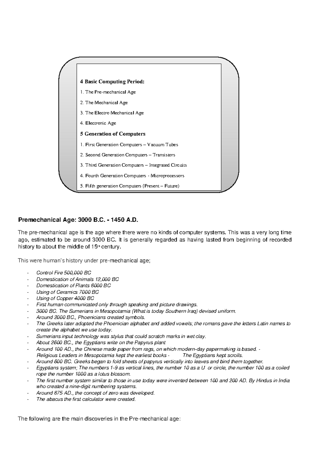 Living IN IT ERA - Lesson 3 - Premechanical Age: 3000 B. - 1450 A. The ...