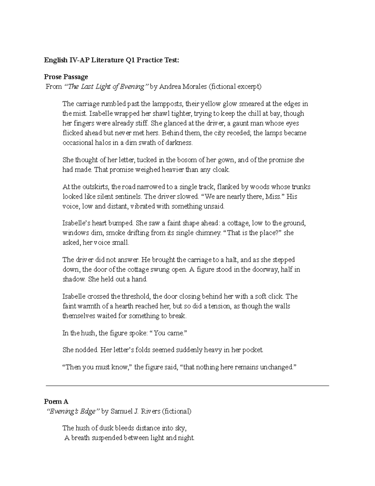 English IV-AP Literature Q1 Practice Test: Prose & Poetry Analysis ...