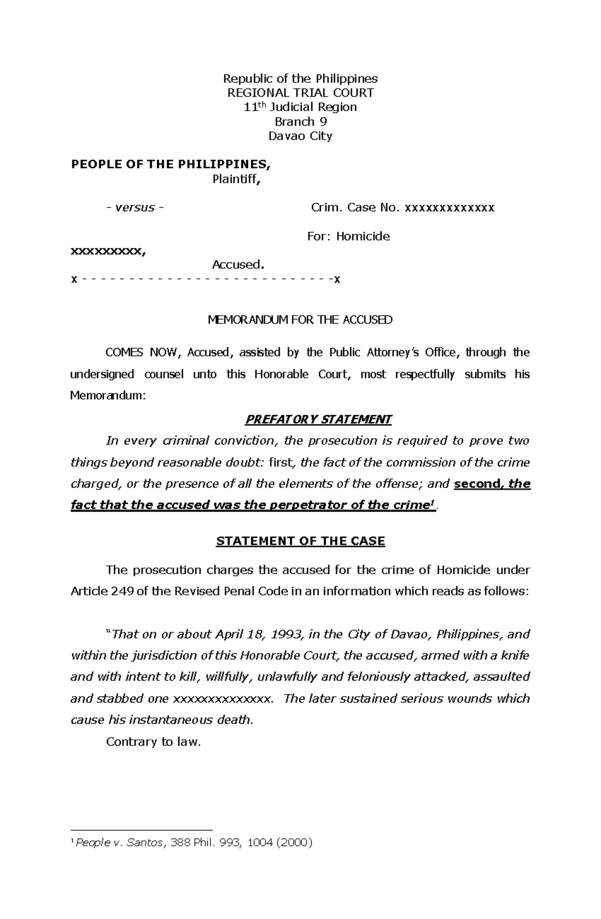 Memorandum on Homicide Case - Crim. Case No. xxxxxxxxxxxxx - Studocu