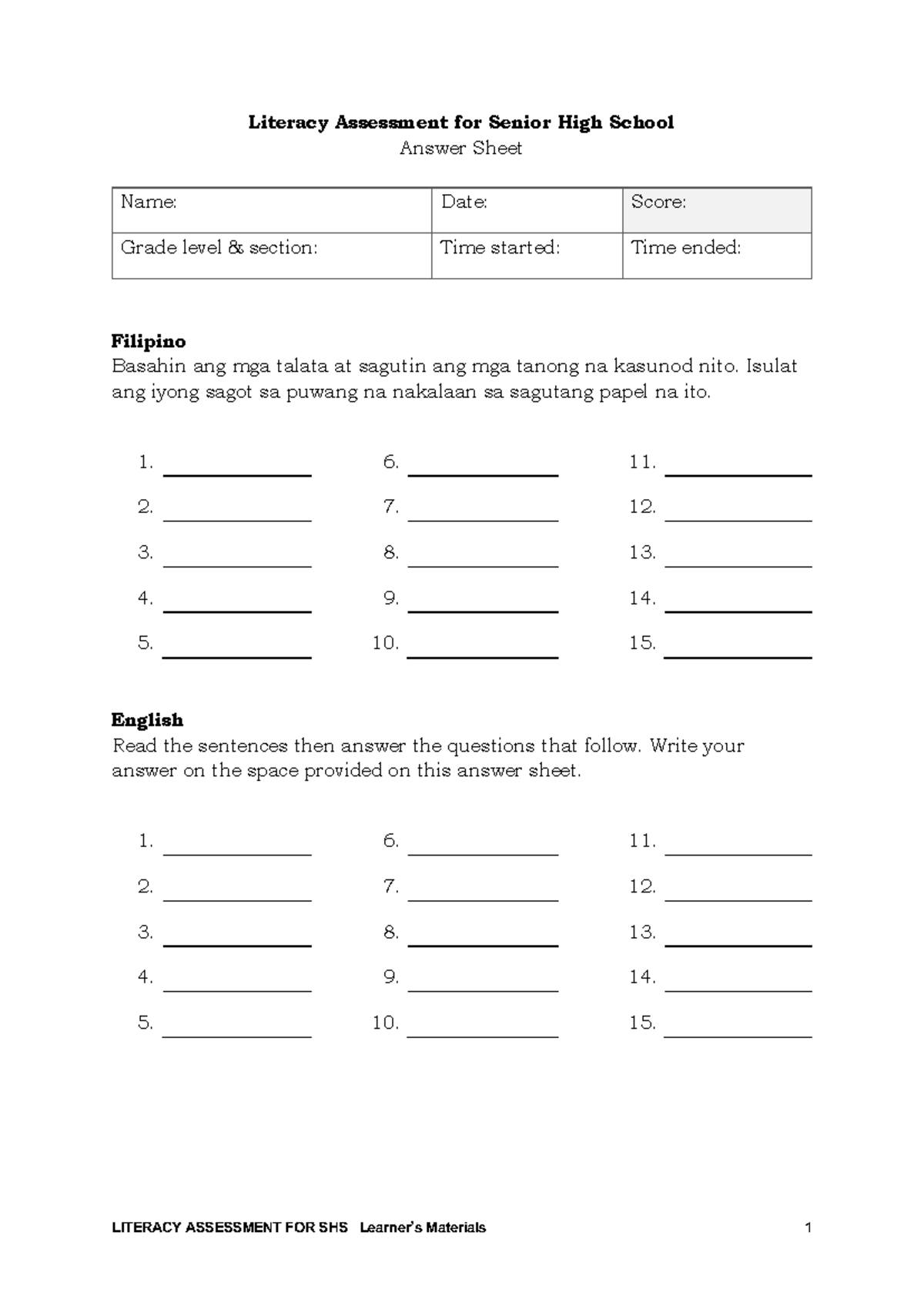 Literacy Assessment for SHS: Answer Sheet Template - Studocu