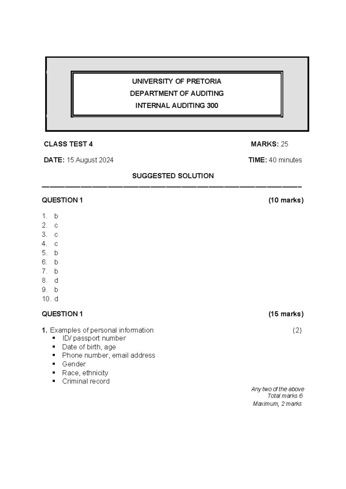 IAU300 2024 Internal Auditing Class Test 4 Solutions - Studocu