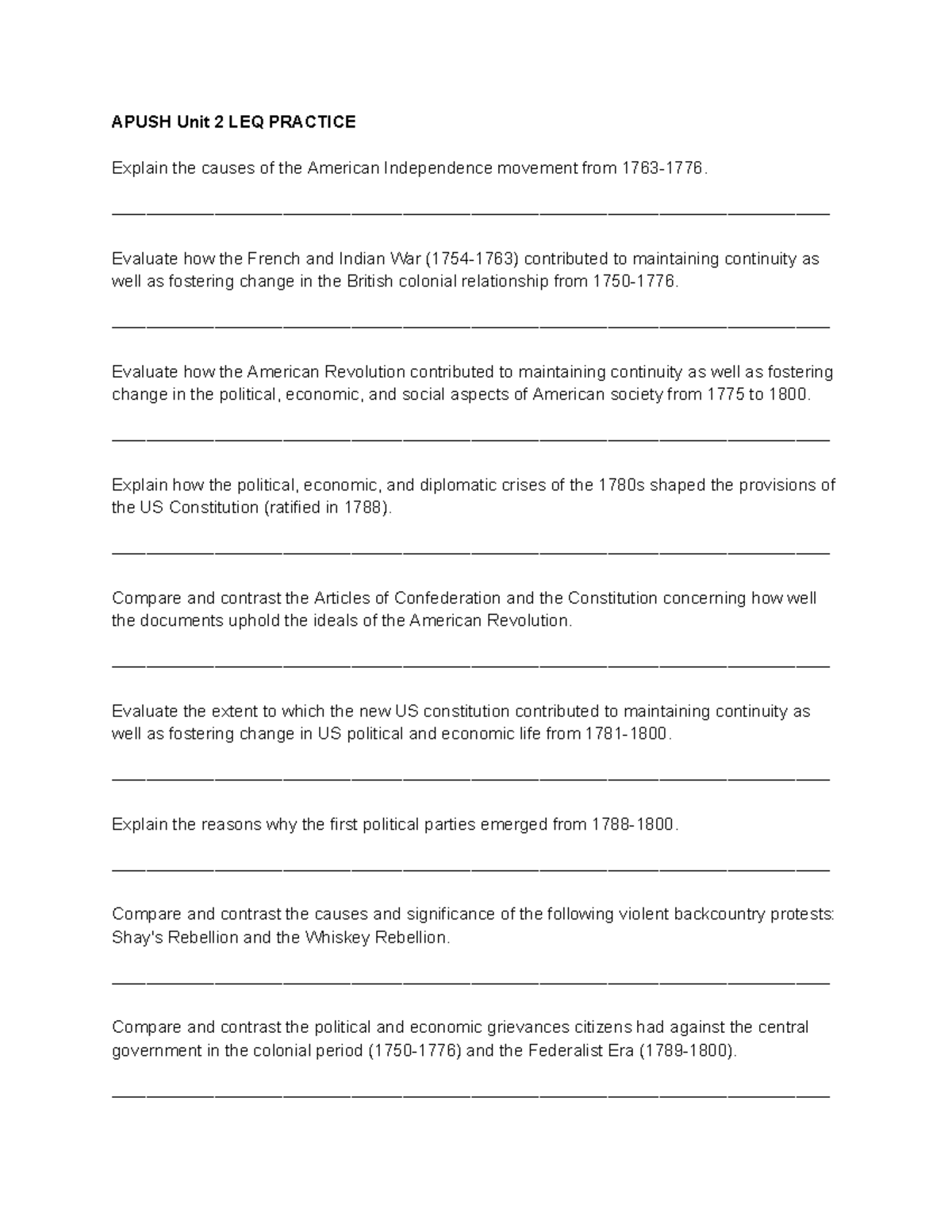 APUSH Unit 2 LEQ Practice: Causes of American Independence ...