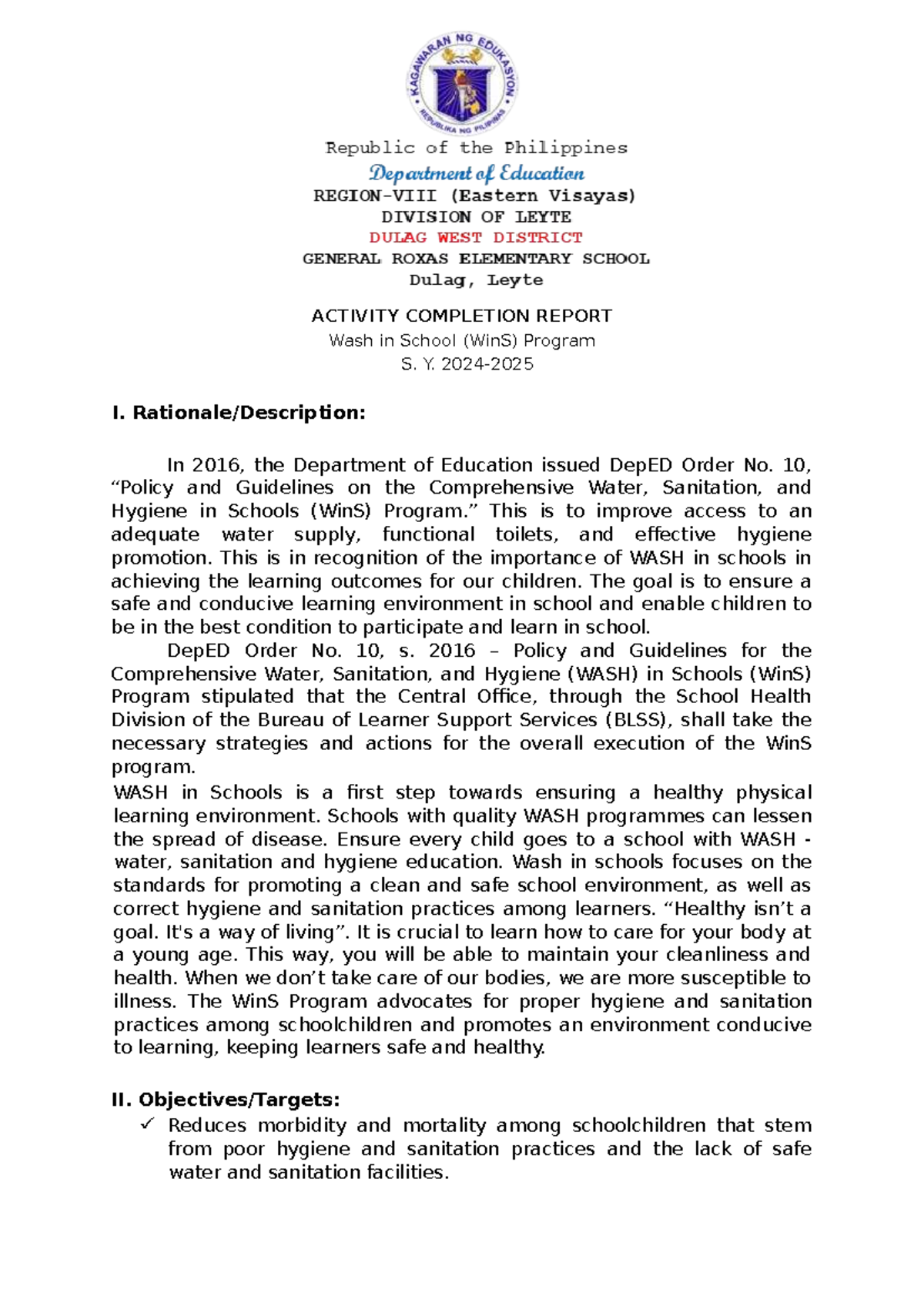 ACR on WinS: Activity Completion Report for WASH in Schools Program ...