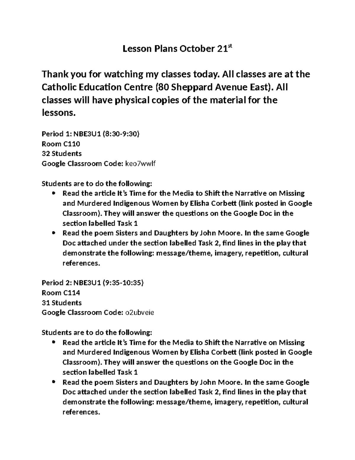 NBE3U1 Lesson Plans for October 21st Classes - Studocu