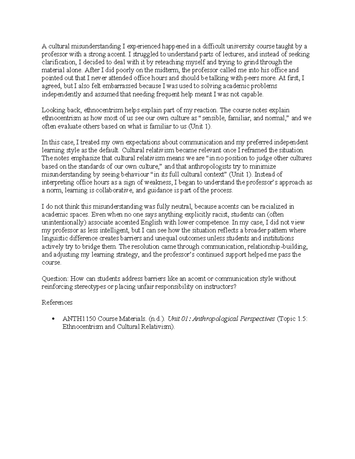 Cultural Misunderstandings in ANTH1150: Ethnocentrism & Relativism ...