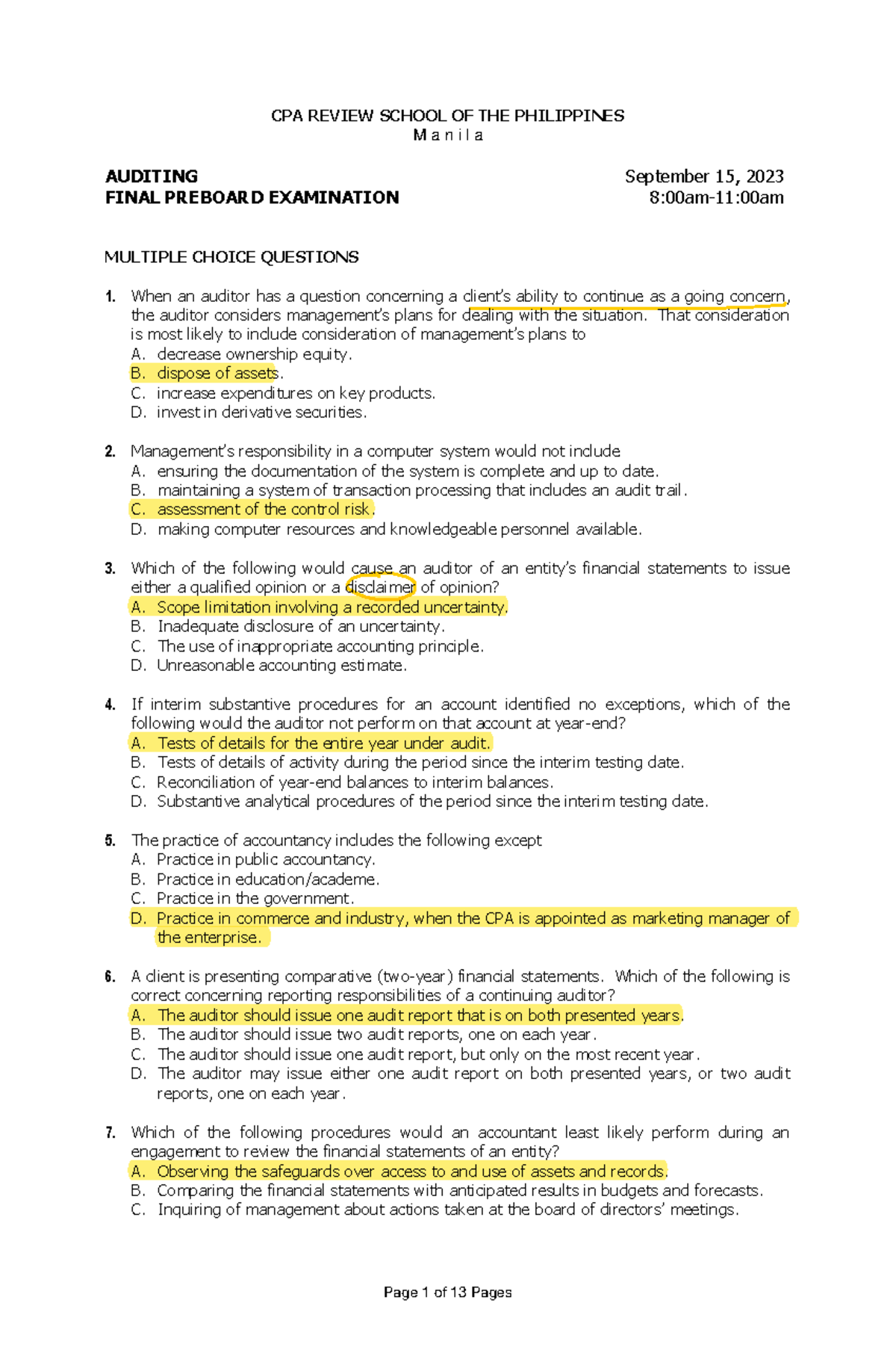 94-Final Preboard Exam AUD June 2023: Multiple Choice Questions - Studocu
