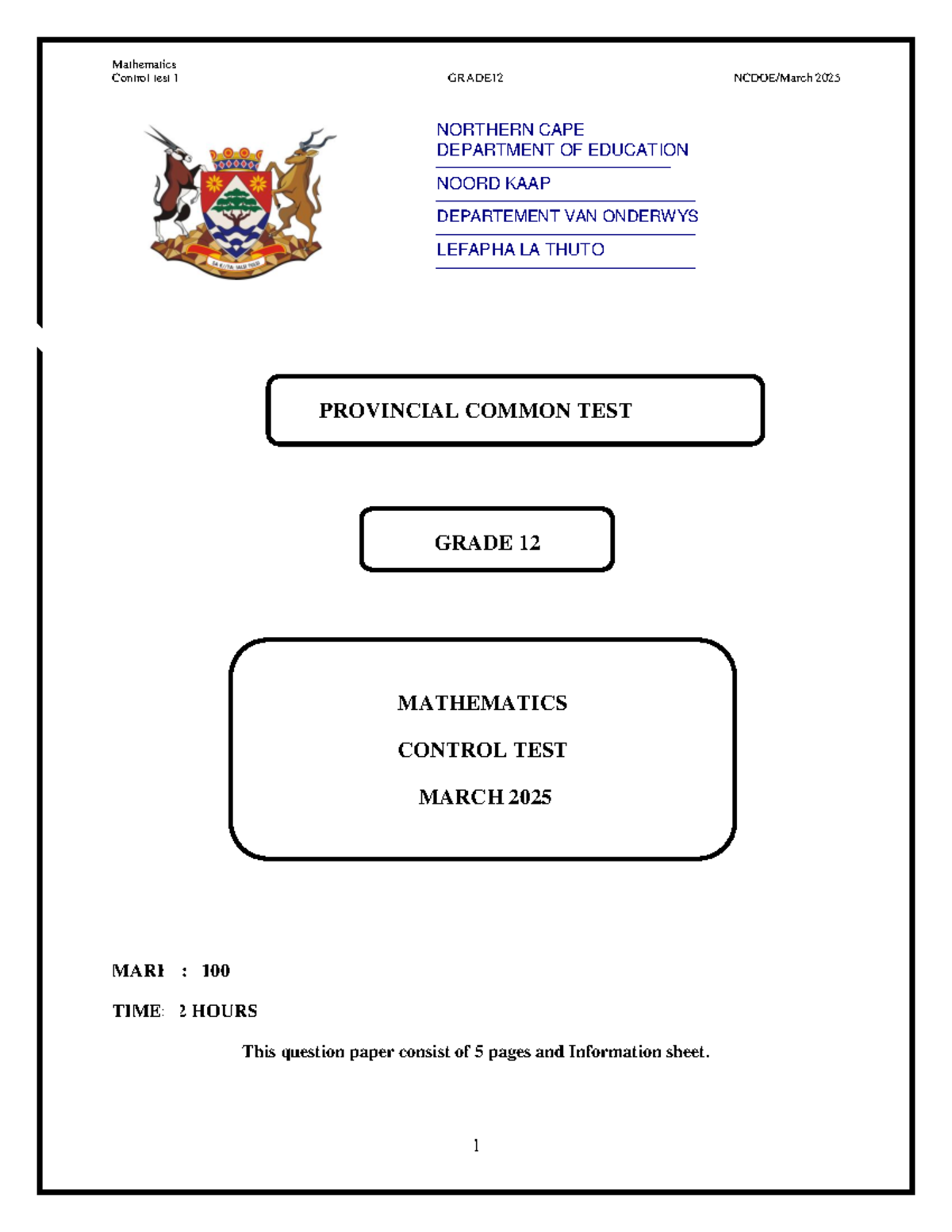2025 NC - Grade 12 Mathematics Control Test 1 QP - Studocu