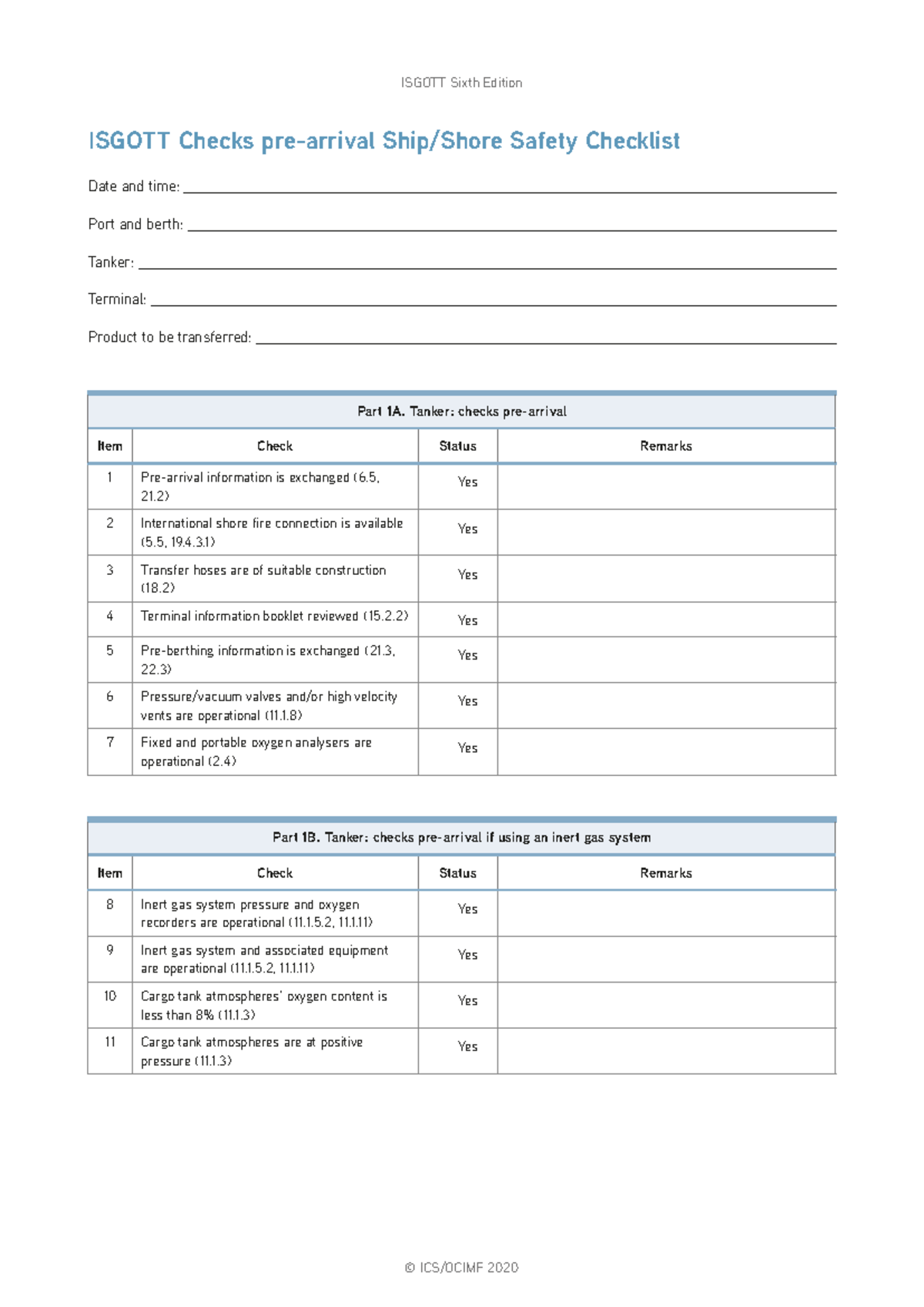 ISGOTT 6 Ship/Shore Safety Checklists: Pre-Arrival & Transfer - Studocu