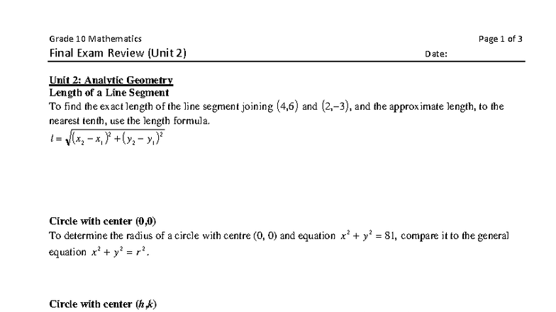 Grade 10 Math Final Exam Review: Analytic Geometry (Unit 2) - Studocu