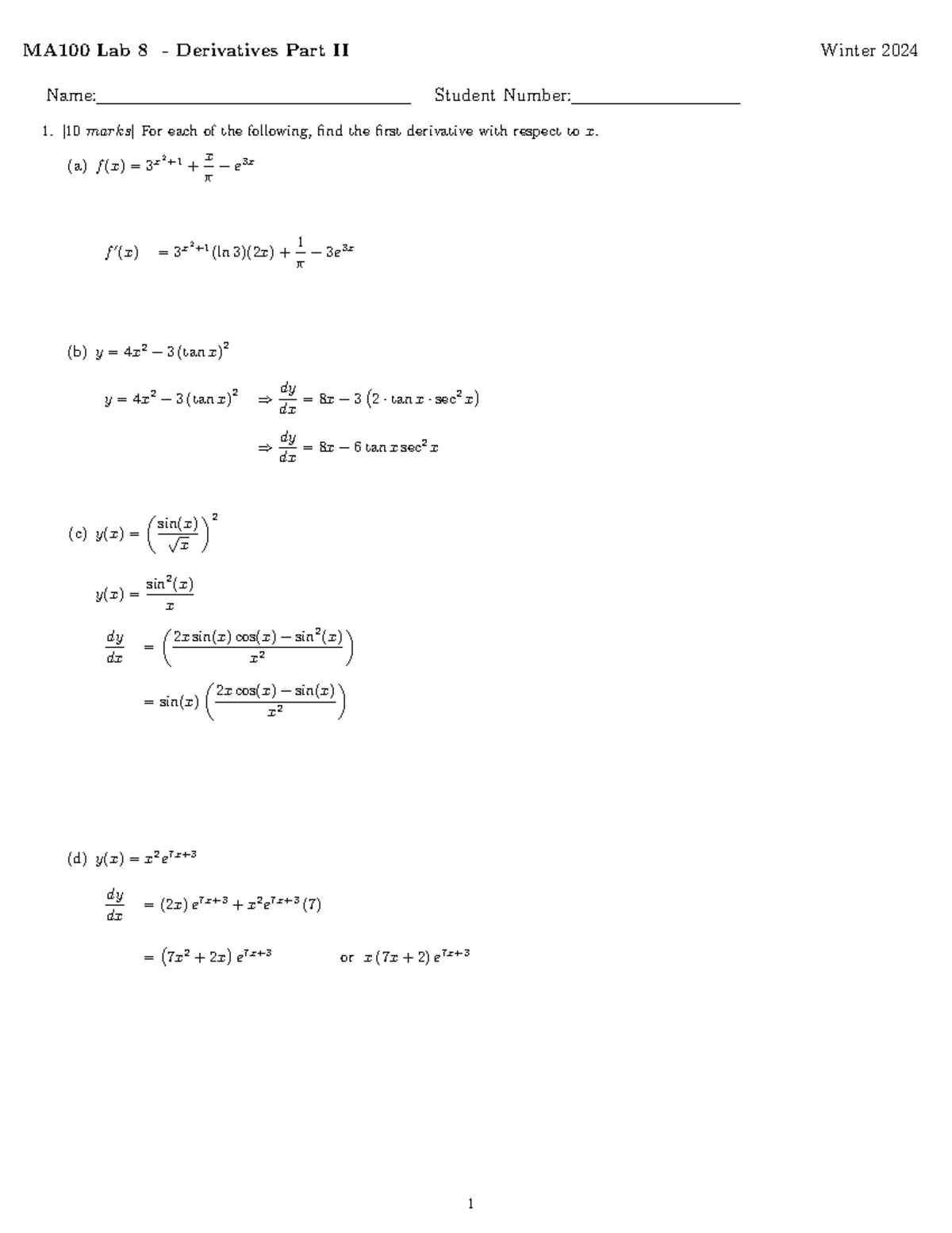 WLU MA100 Lab 8 Solutions - Derivatives Part II Winter 2024 - Studocu