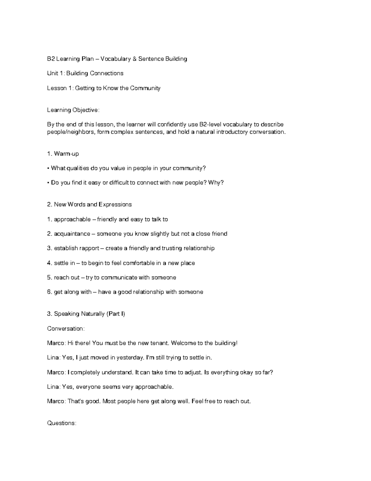 B2 Learning Plan: Vocabulary & Sentence Building - Unit 1 Lesson 1 ...