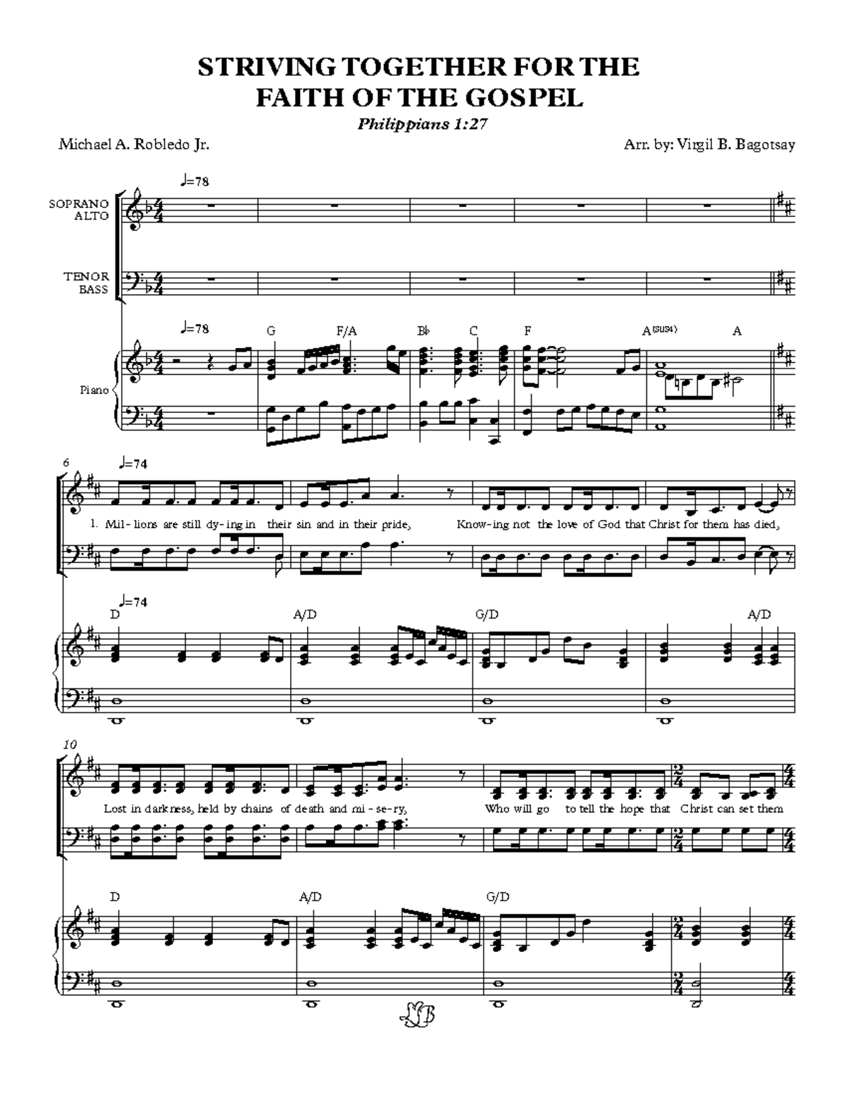 Striving Together for the Faith of the Gospel - Music Arrangement - Studocu