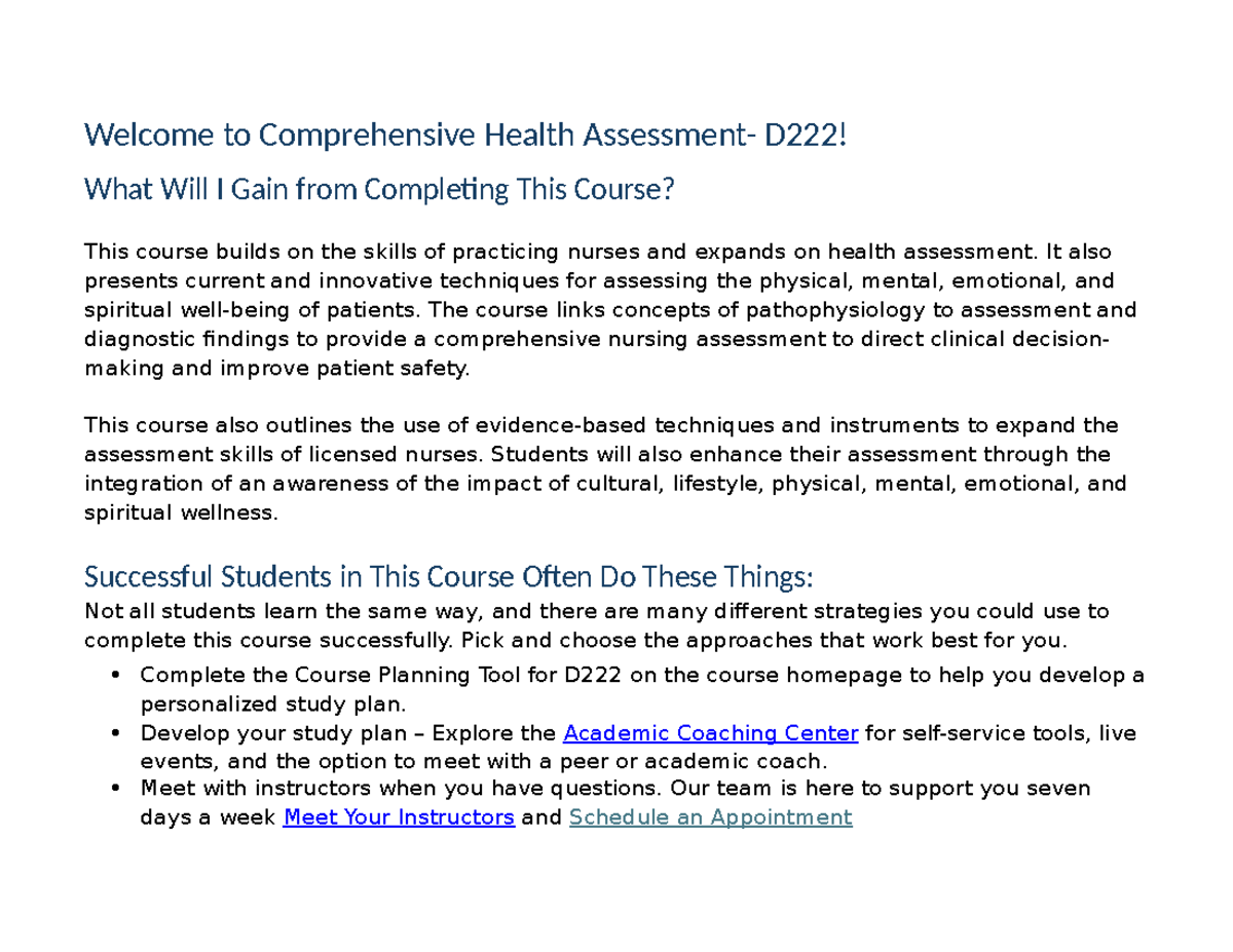 Comprehensive Health Assessment Strategies: Course D 222 Guide - Studocu