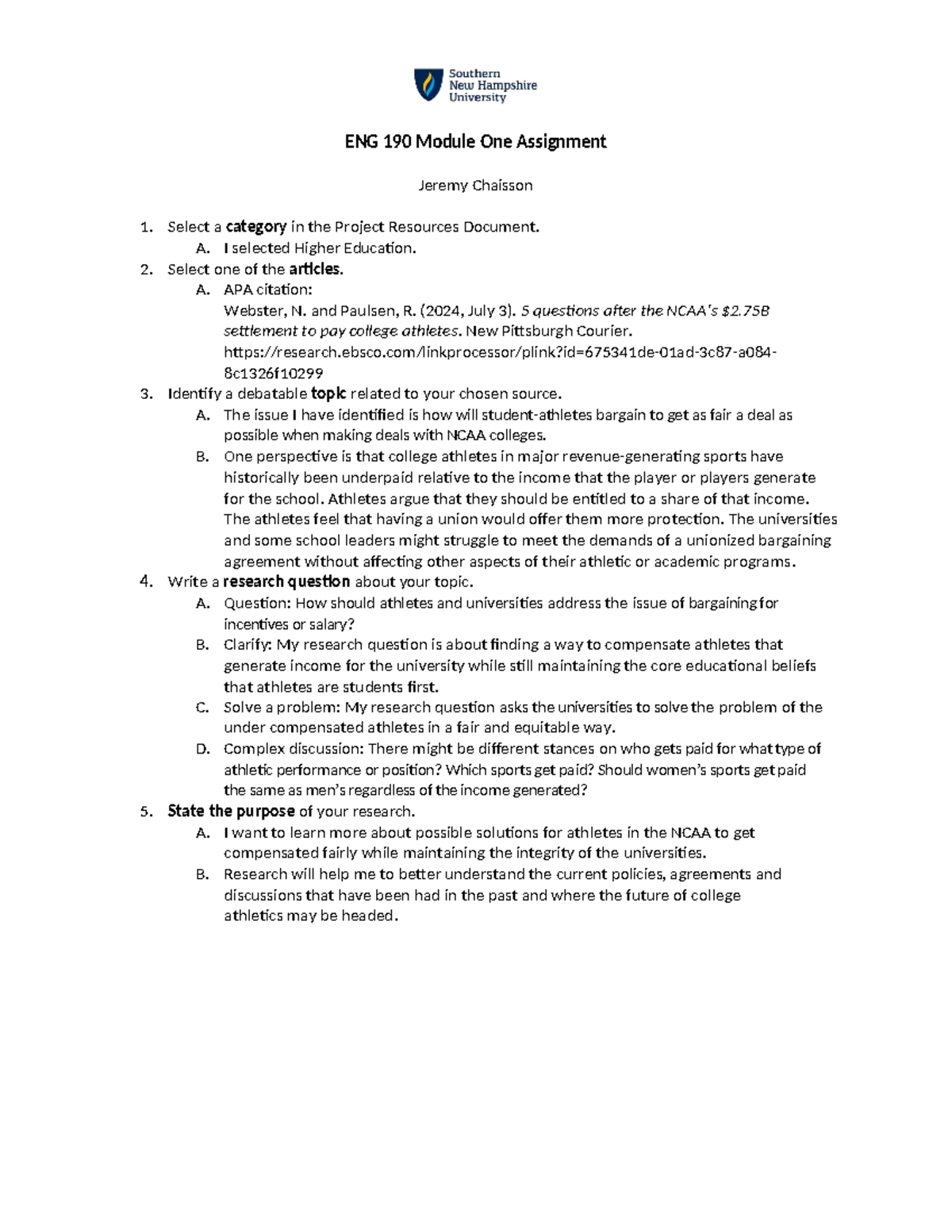 ENG 190 Module One Assignment: Research on NCAA Athlete Compensation ...