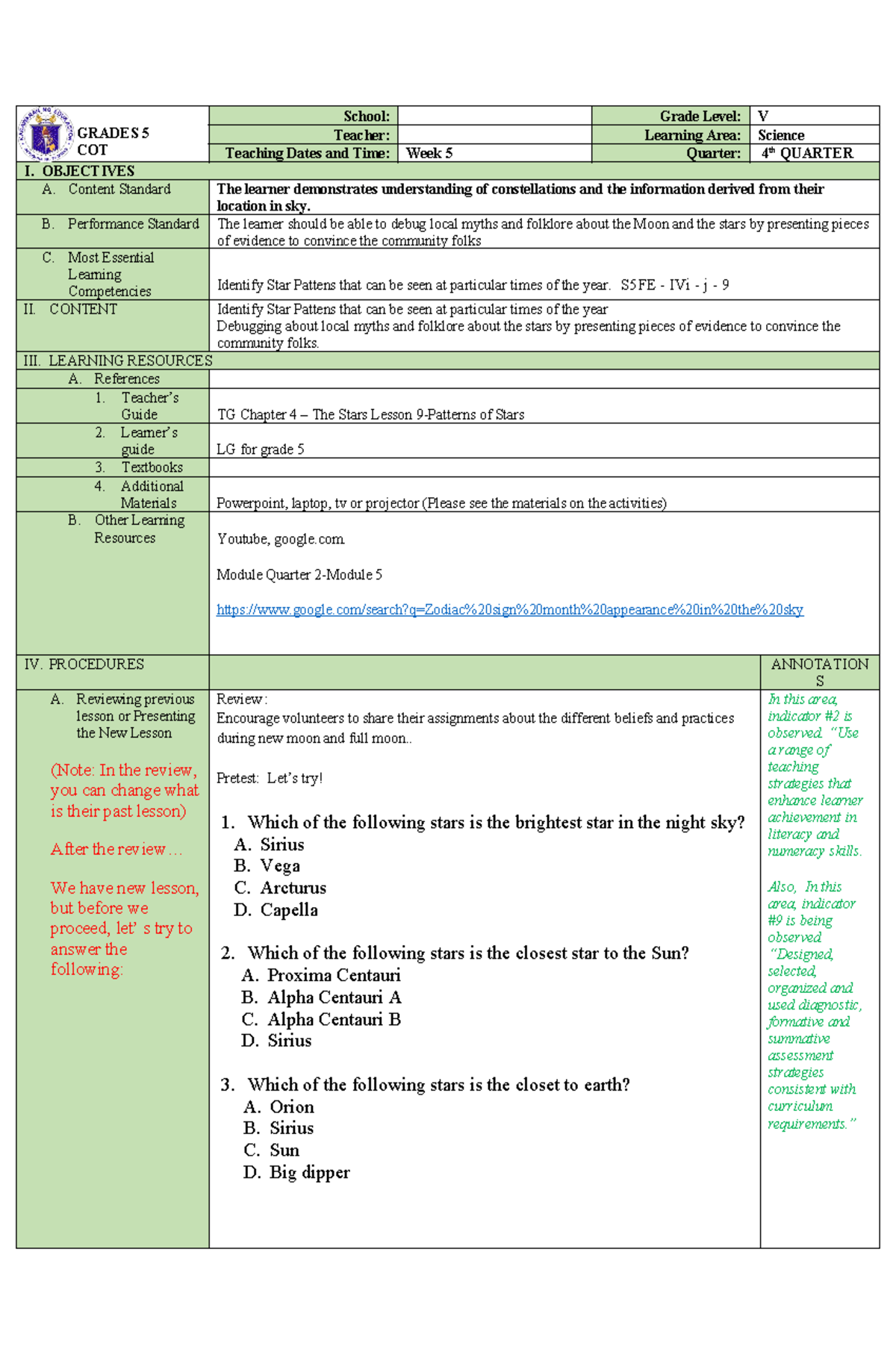 Grade 5 Science: Star Patterns and Myths (S5FE - IVi - j - 9) - Studocu