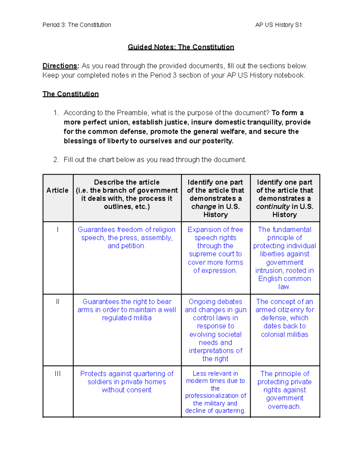 AP US History S1 Guided Notes: The Constitution Overview - Studocu