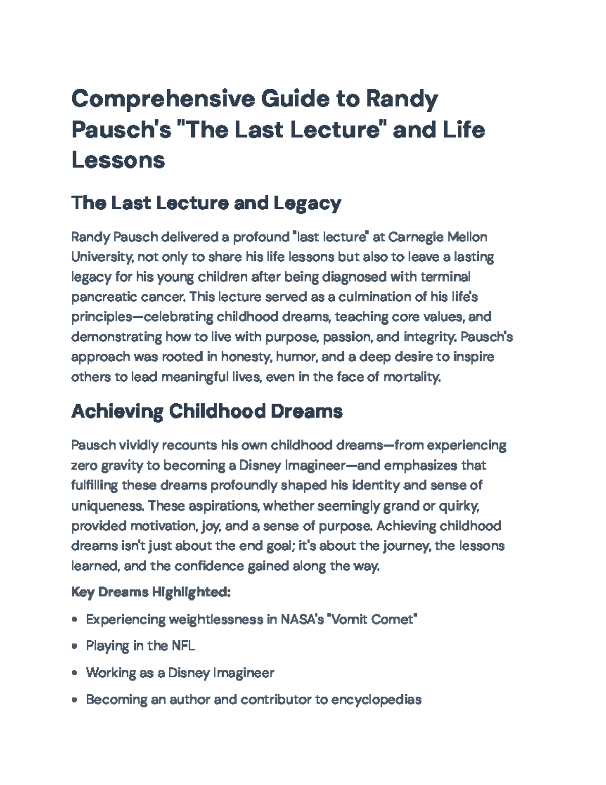 Comprehensive Guide to Randy Pausch's "The Last Lecture" Insights - Studocu