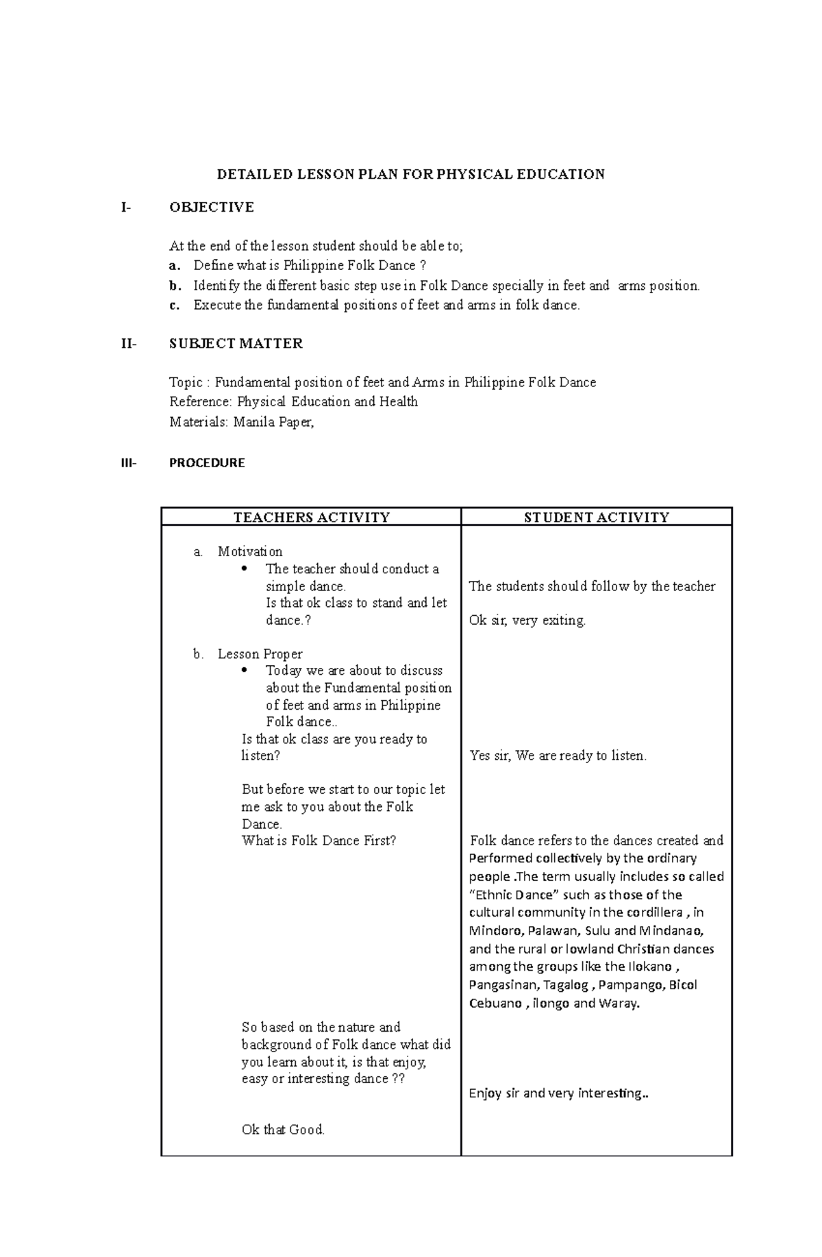 Detailed Lesson Plan for Philippine Folk Dance in Physical Ed. - Studocu