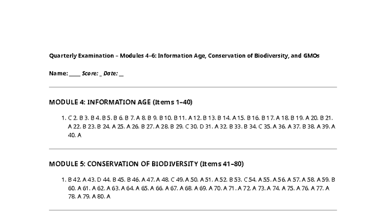 Quarterly Exam: Modules 4-6 on Info Age, Biodiversity & GMOs - Studocu