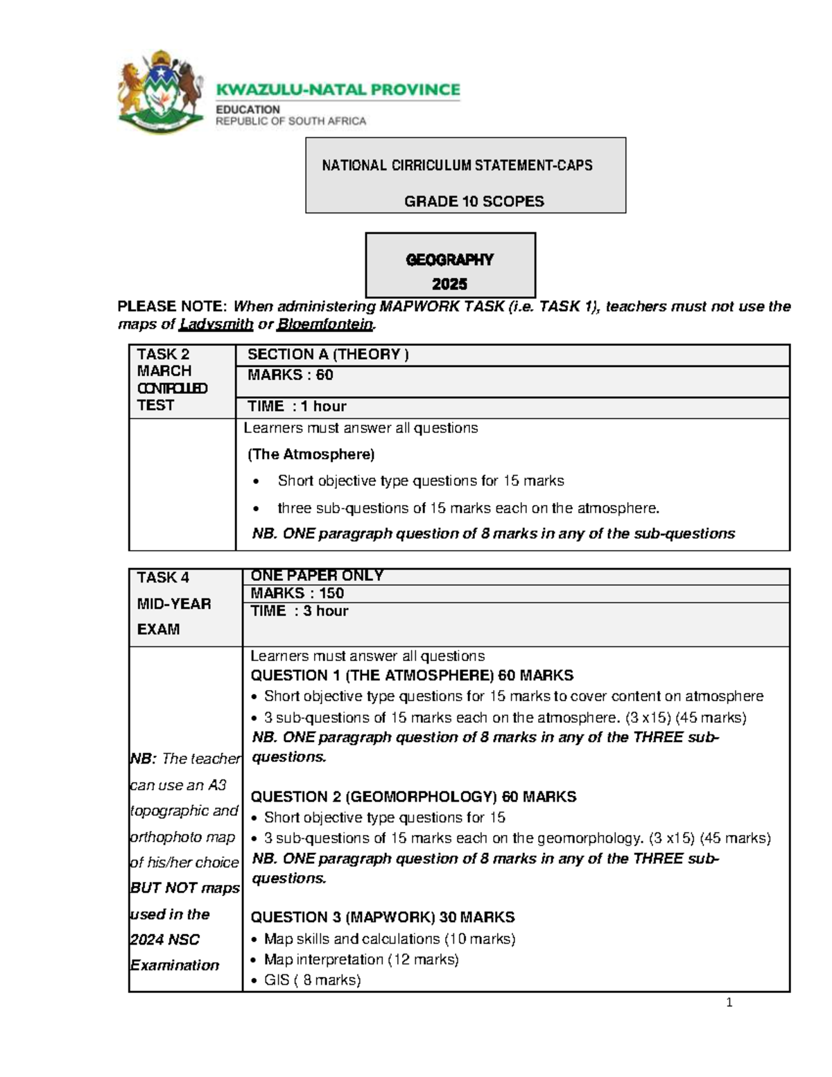 2025 Geography Grade 10 Exam Scope and Guidelines - Studocu