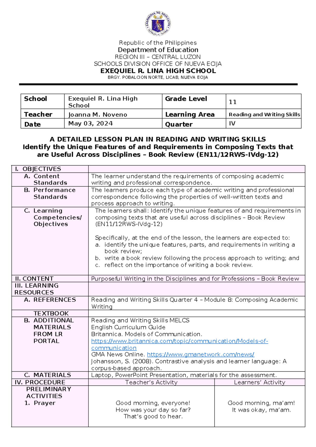 DLP - SHS RWS - Detailed Lesson Plan on Composing Book Reviews - Studocu