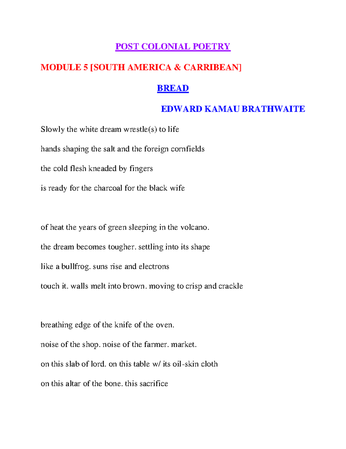 Bread: A Post-Colonial Analysis of Edward Kamau Brathwaite's Poem - Studocu