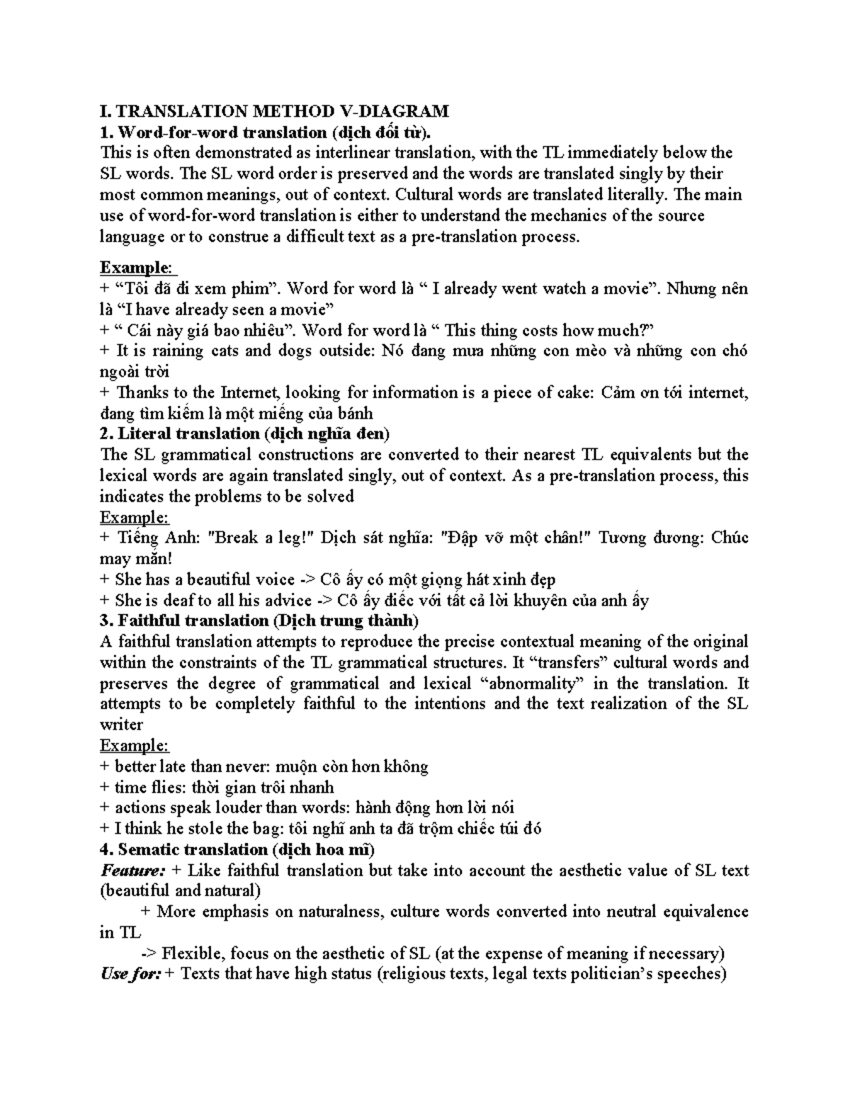 LTD - hjskhshishsi - I. TRANSLATION METHOD V-DIAGRAM Word-for-word translation (dịch đối từ ...