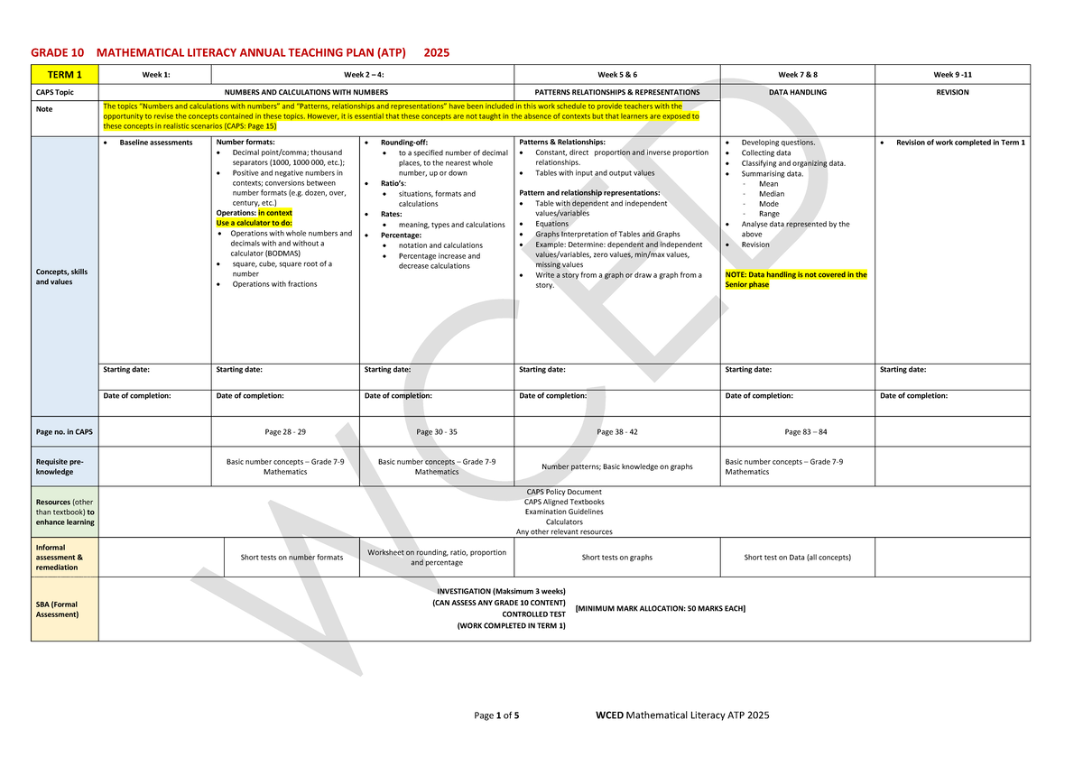 Grade 10 Mathematical Literacy RATP Term 1-4 Assessment Overview - Studocu