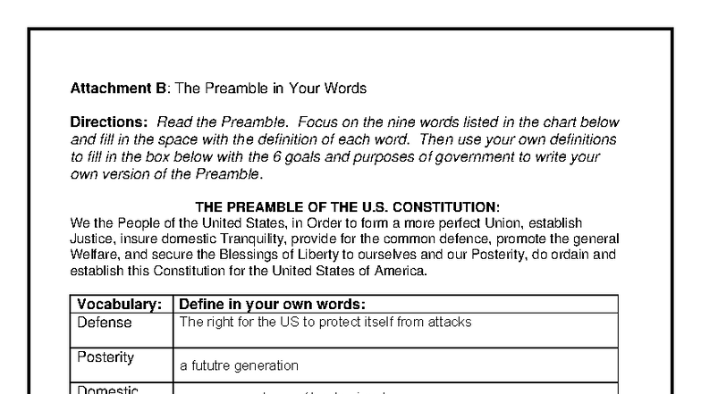 Preamble Assignment: Defining the U.S. Constitution's Goals - Studocu