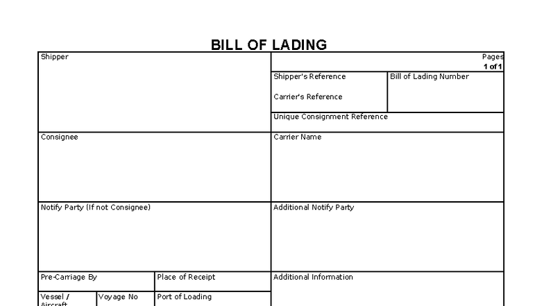 BILL OF LADING Template for Completion - Studocu