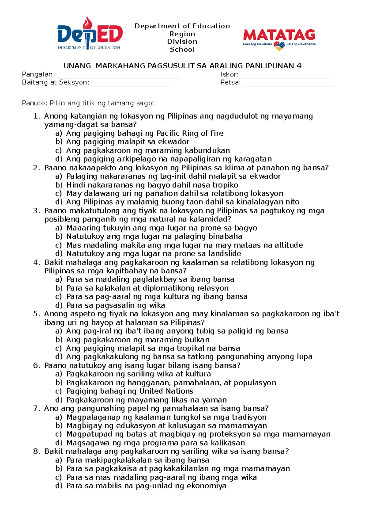 TOS-Template - Table of Specifications for Values Ed (EsP) 3rd Quarter ...