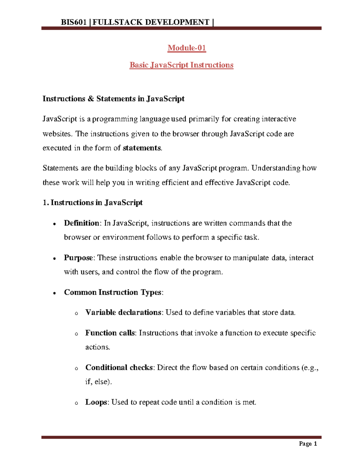 Module-01 FSD(BIS601) - Module- 01 Basic JavaScript Instructions Instructions & Statements in ...