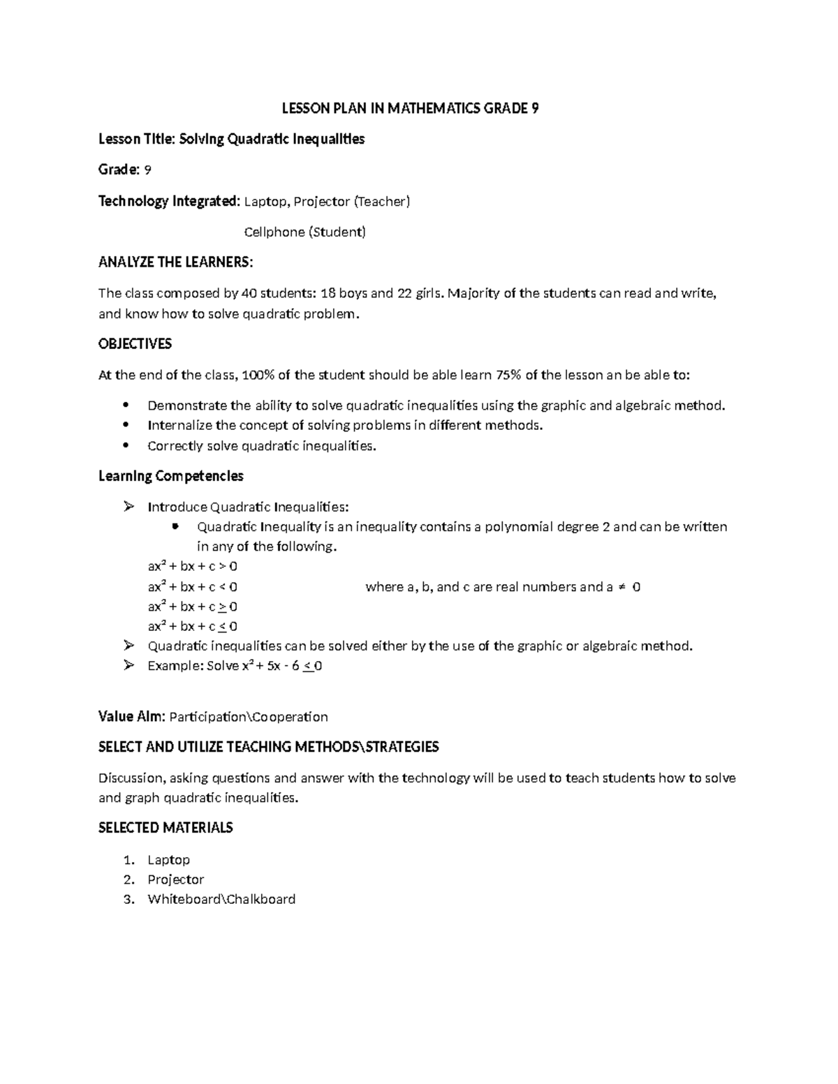 Grade 9 Math Lesson Plan: Solving Quadratic Inequalities - Studocu