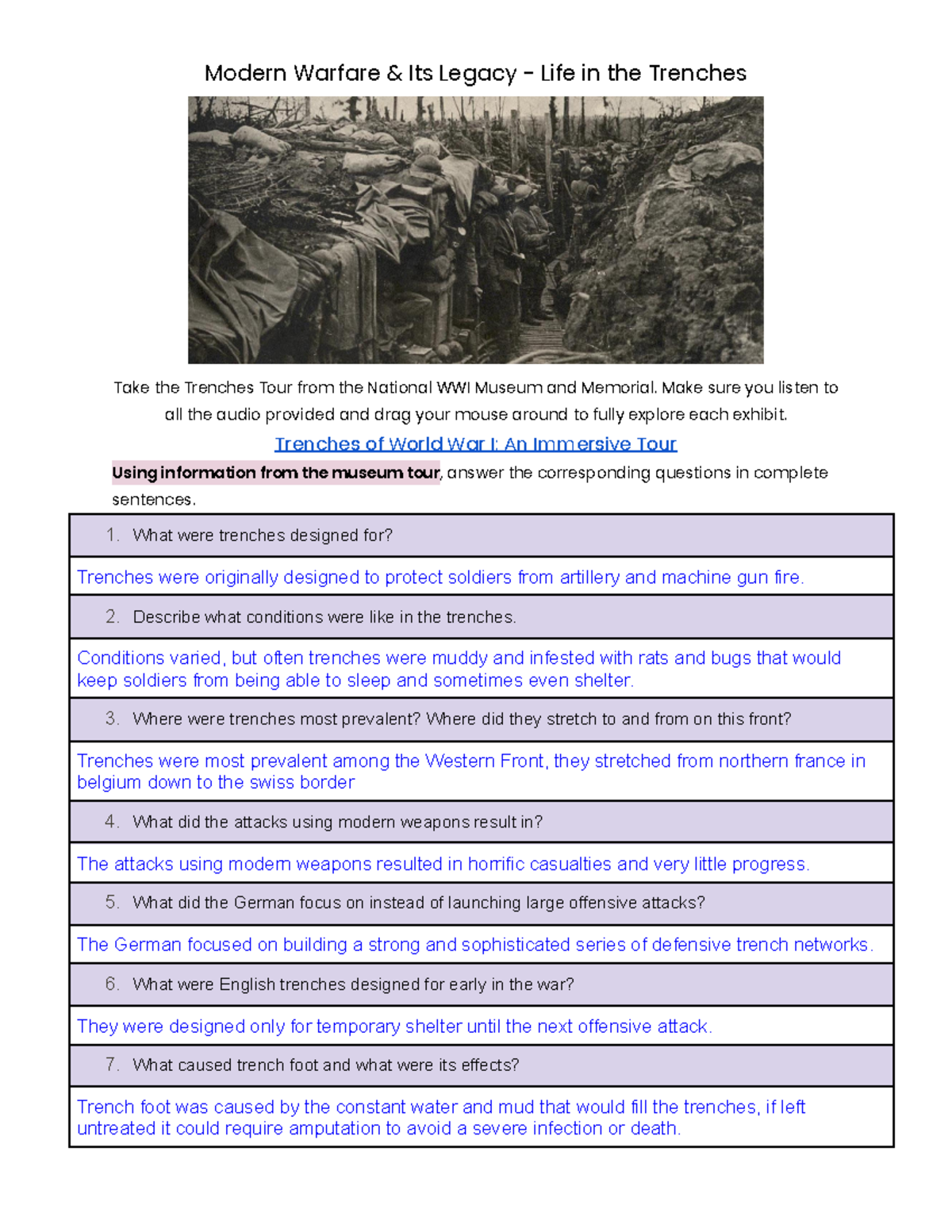 World War I: Life in the Trenches Q&A (Modern Warfare Study) - Studocu