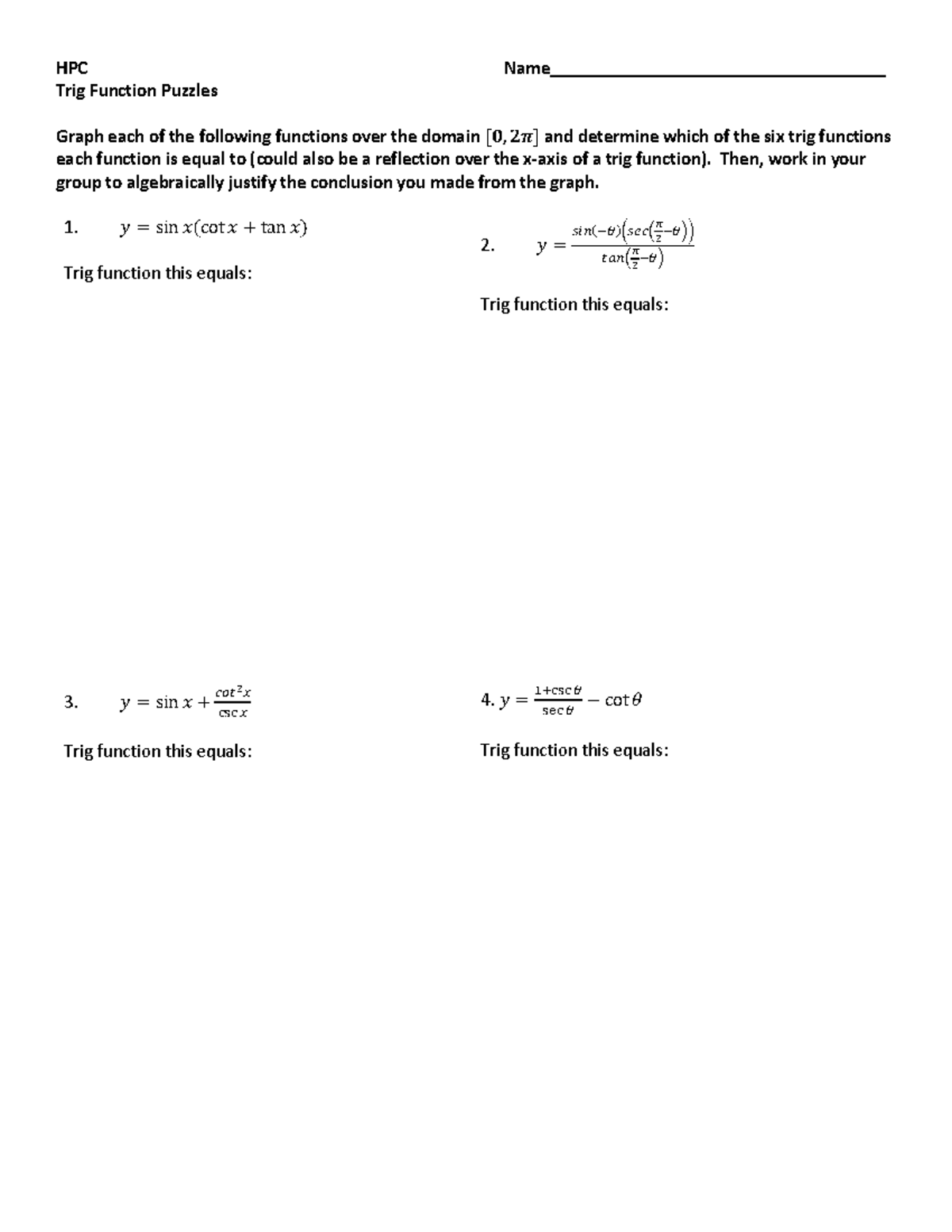HPC Trig Function Puzzles: Graphing and Analysis - Studocu