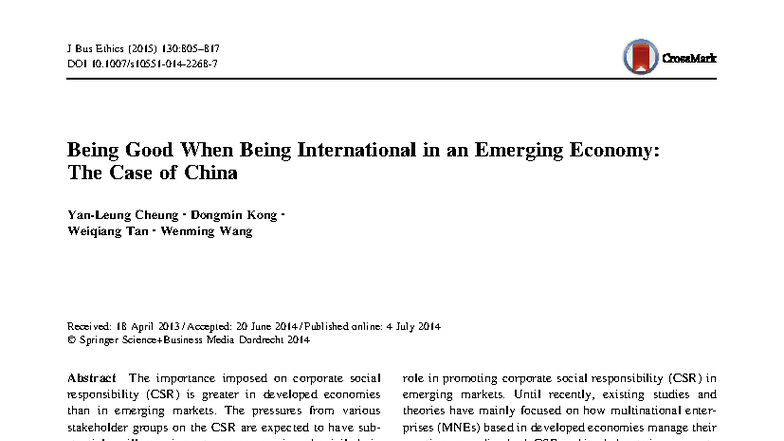 J Bus Ethics (2015) - CSR and Internationalization in China's MNEs ...
