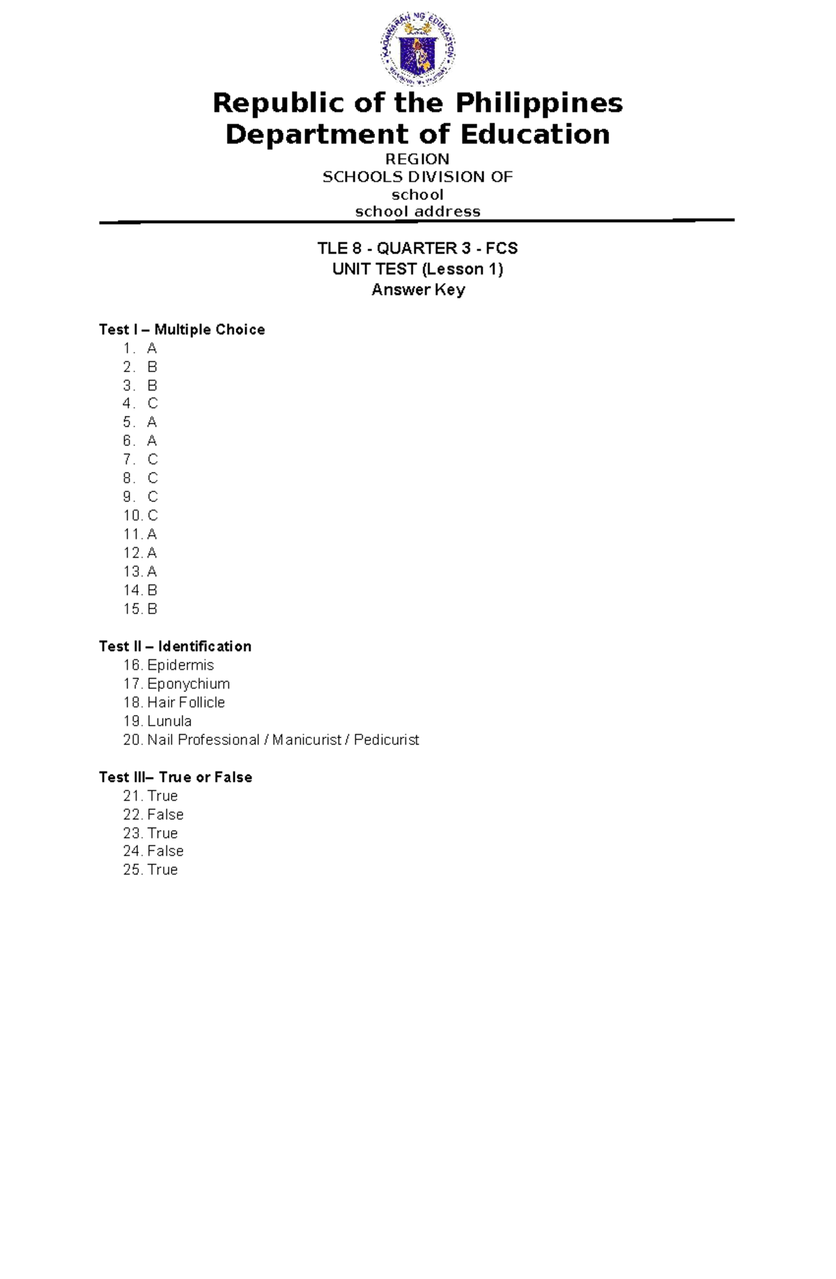 Q3 FCS UNIT TEST 1 Answer KEY - Republic of the Philippines Department ...