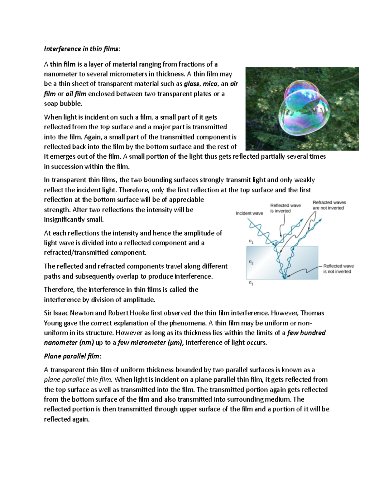 Interference in Thin Films: Properties and Applications (Course Code ...