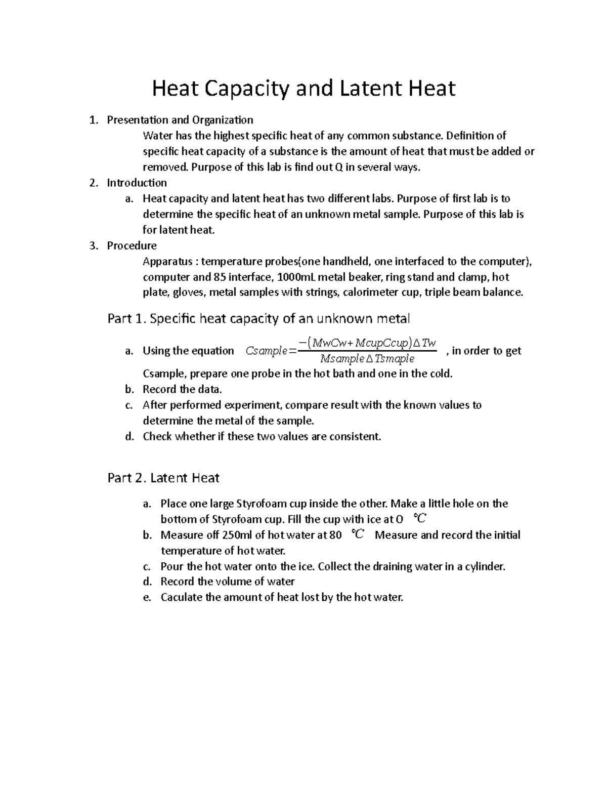 Phy Heat Capacity and Latent Heat - Presentation and Organization Water ...