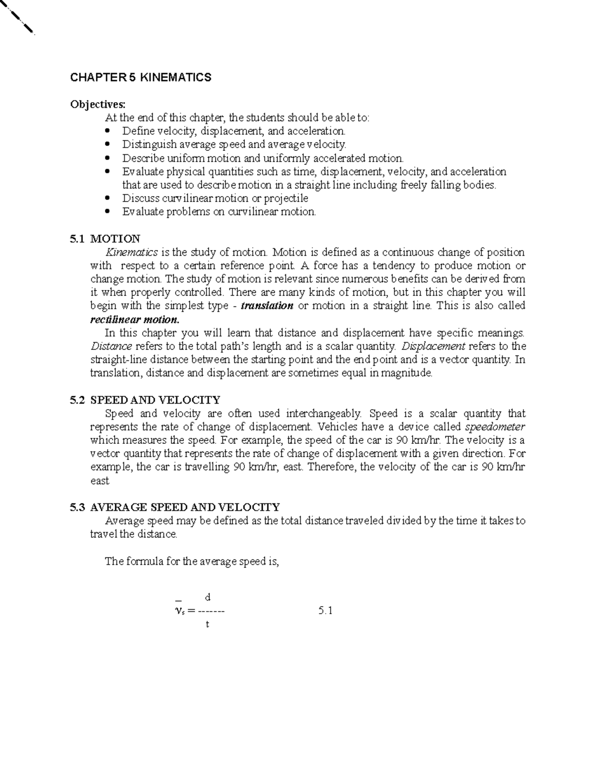 Chapter 5 Kinematics - Lecture Notes on Motion and Projectile - Studocu