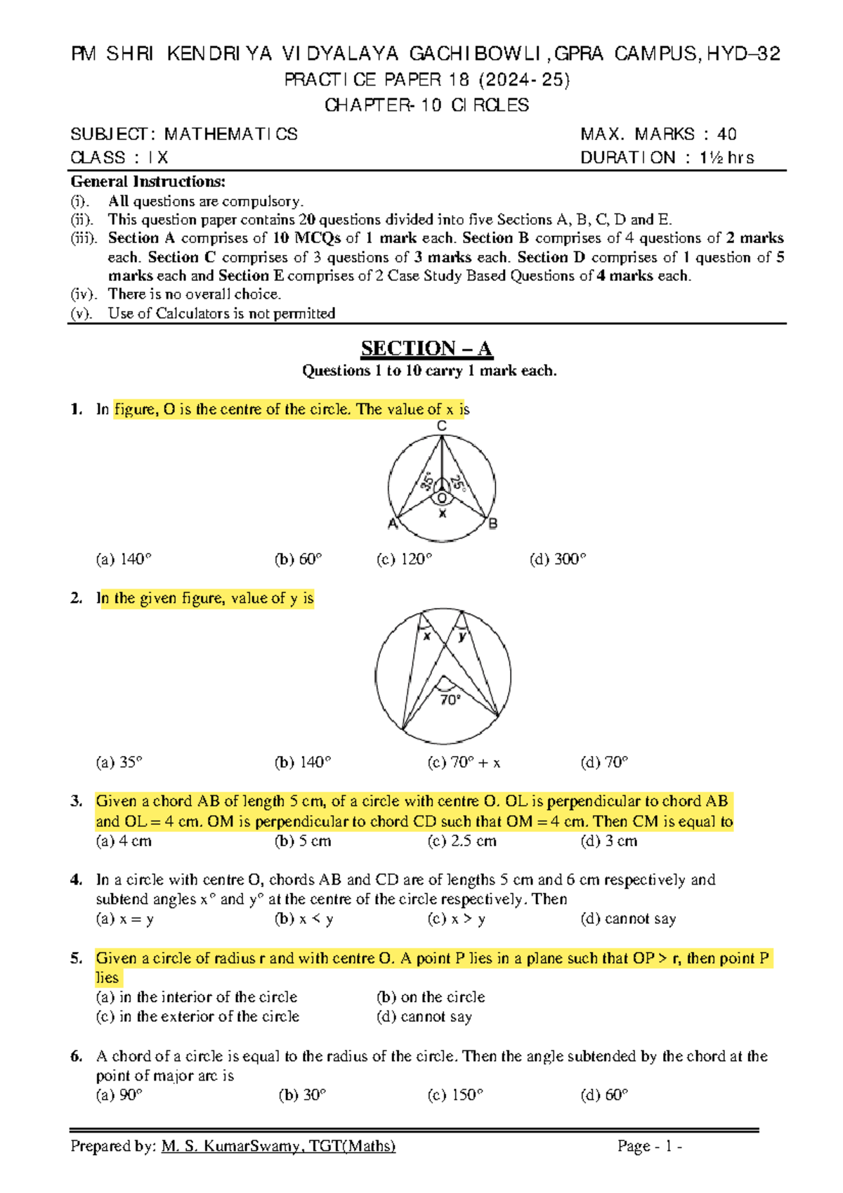 PM SHRI KENDRIYA VIDYALAYA GACHIBOWLI, GPRA IX Maths Practice Paper 18 ...