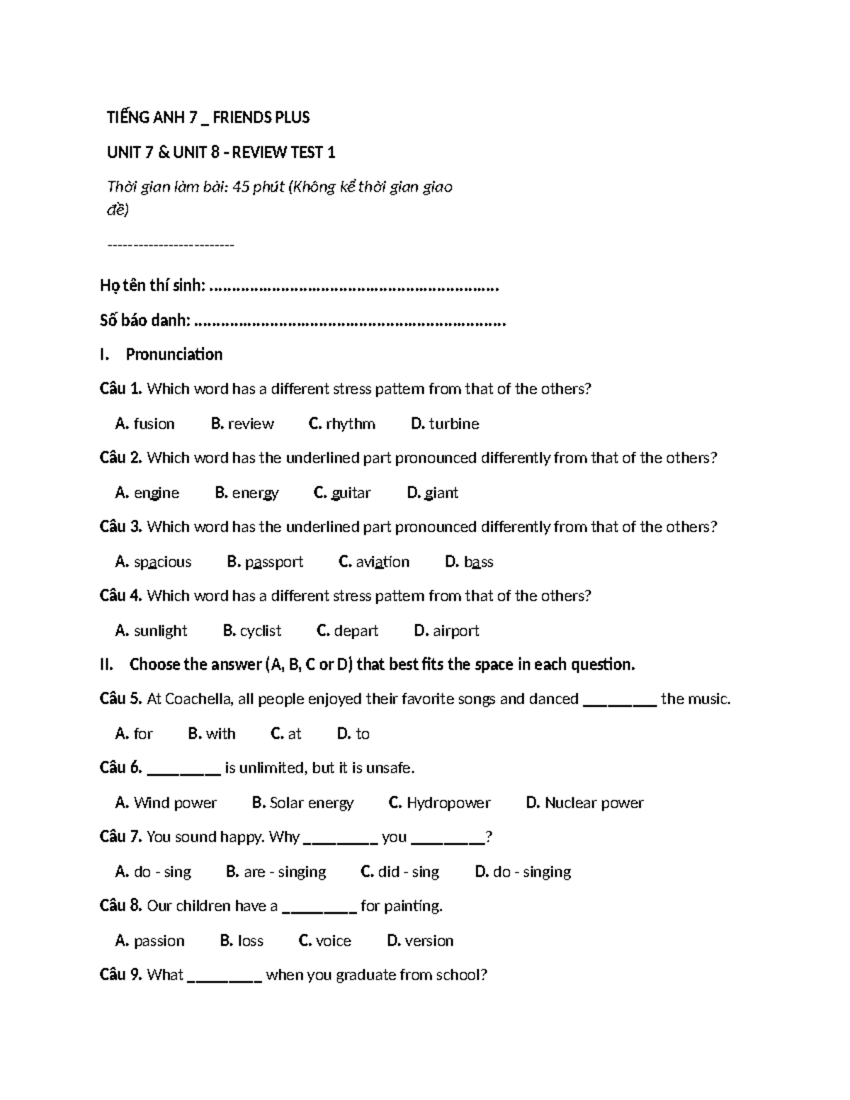 TIẾNG ANH 7 _ FRIENDS PLUS UNIT 7 & 8 REVIEW TEST 1 & 2 - Studocu