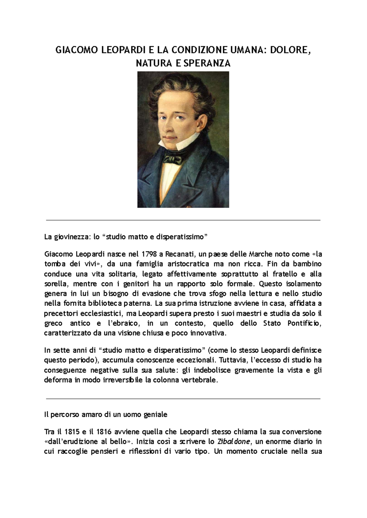 GIACOMO LEOPARDI E LA CONDIZIONE UMANA: DOLORE E SPERANZA - Studocu