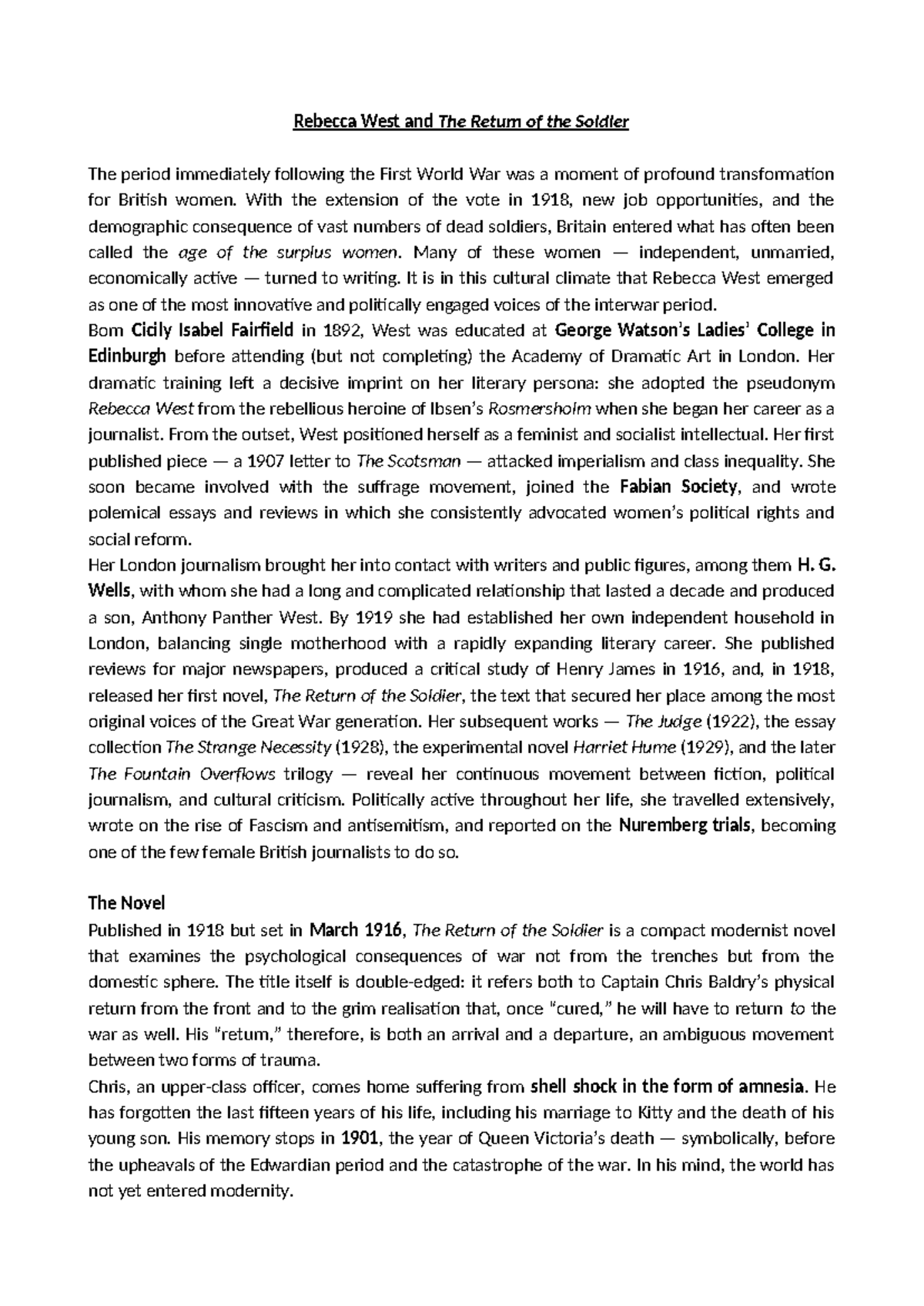 Rebecca West's The Return of the Soldier: A Study of Trauma and Gender ...